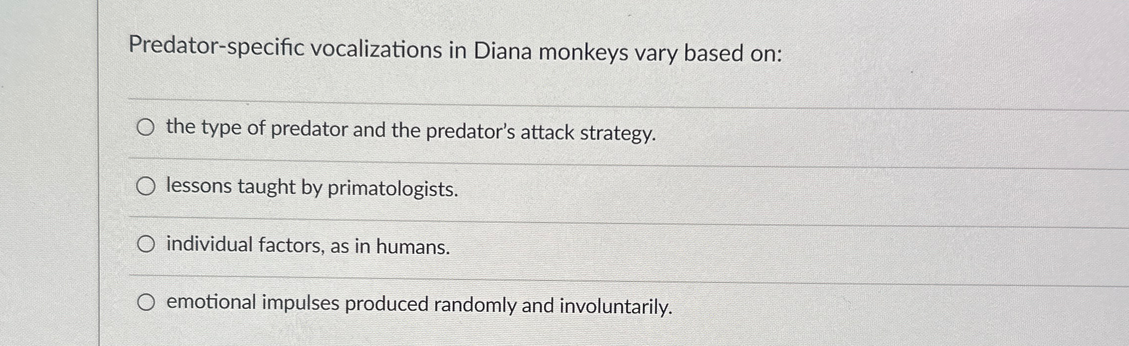 Solved Predator-specific vocalizations in Diana monkeys vary | Chegg.com