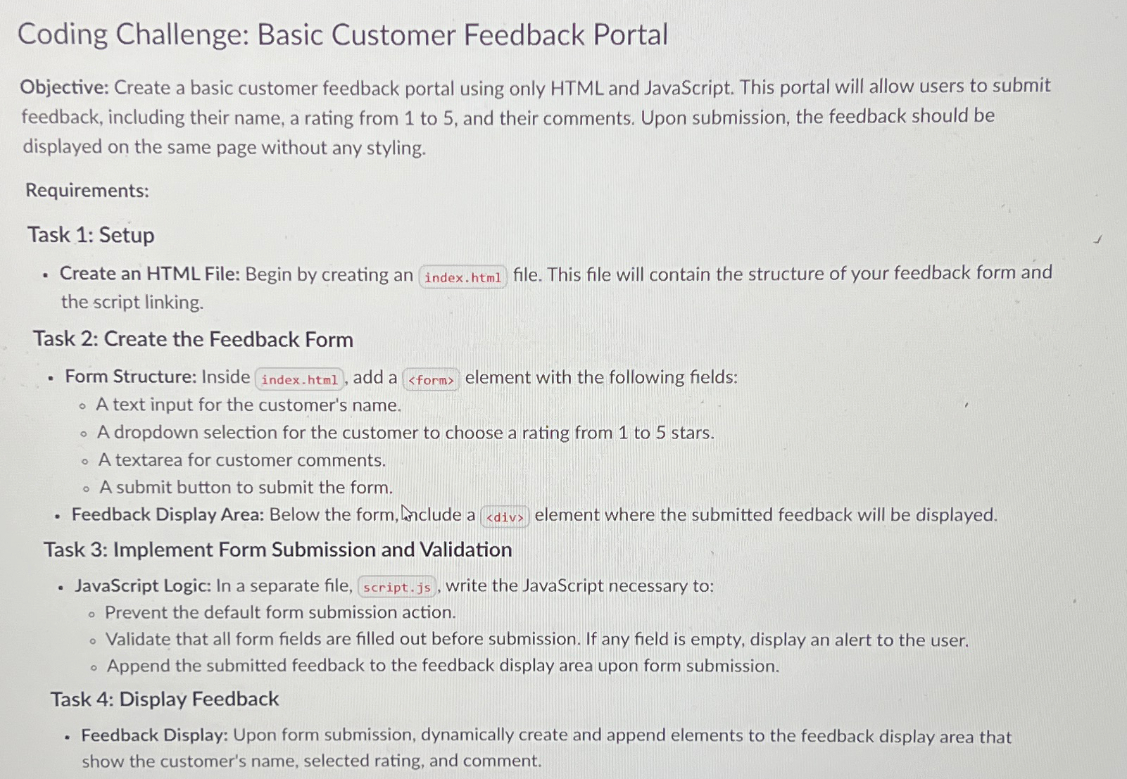 Solved Coding Challenge: Basic Customer Feedback | Chegg.com