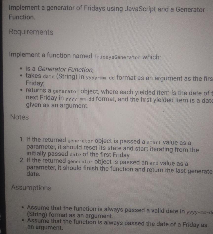 Solved Implement a generator of Fridays using JavaScript and | Chegg.com