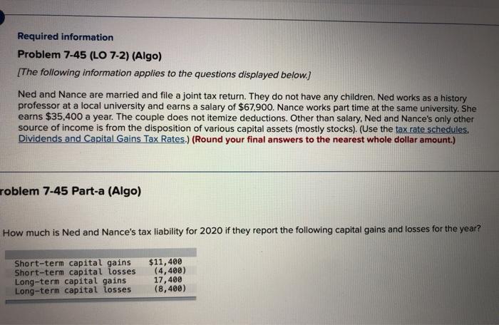 Solved Required information Problem 7-45 (LO 7-2) (Algo) | Chegg.com