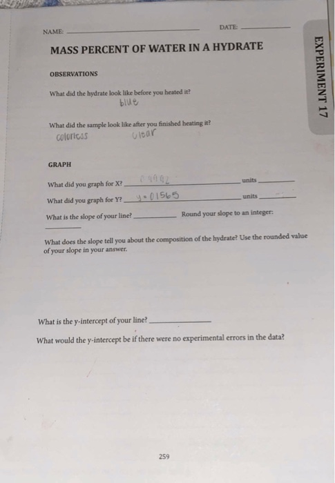 Solved MASS PERCENT OF WATER IN A HYDRATE RESULTS AND | Chegg.com