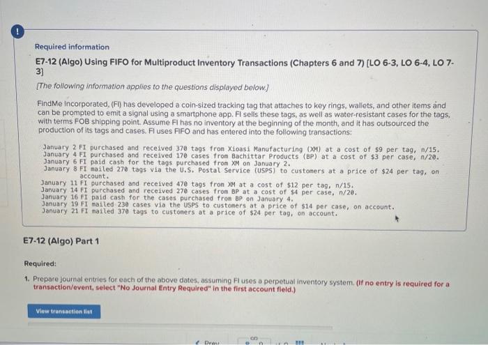 Solved Required information E7-12 (Algo) Using FIFO for | Chegg.com