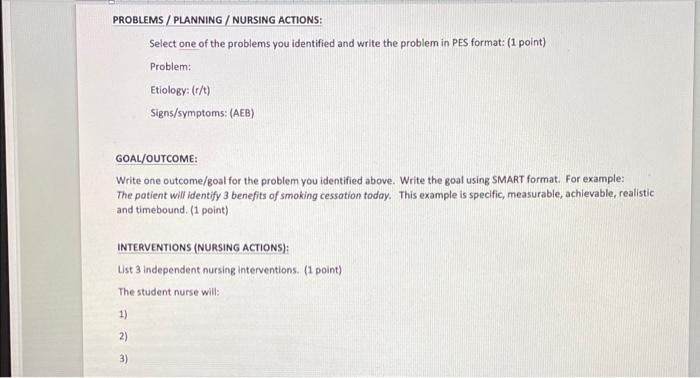 Solved PROBLEMS / PLANNING / NURSING ACTIONS: Select one of | Chegg.com