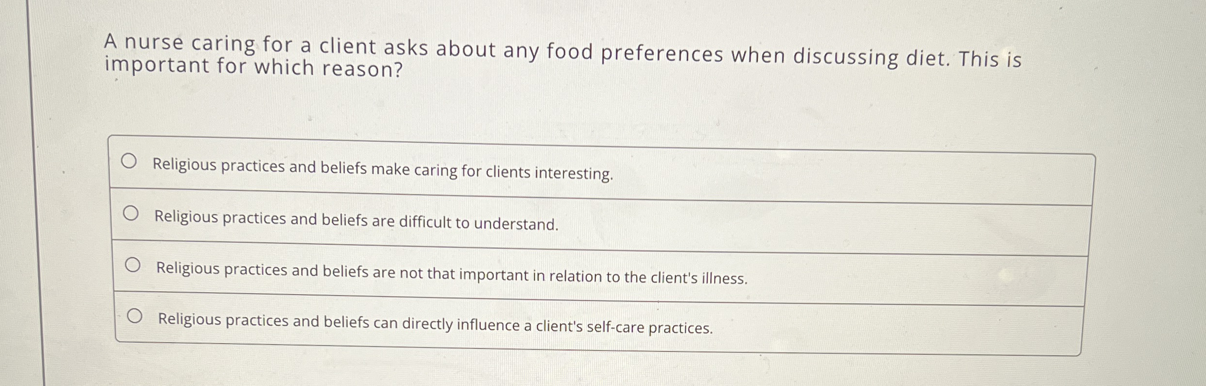 Solved A nurse caring for a client asks about any food | Chegg.com