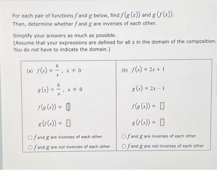 Solved For each pair of functions f and g below, find | Chegg.com