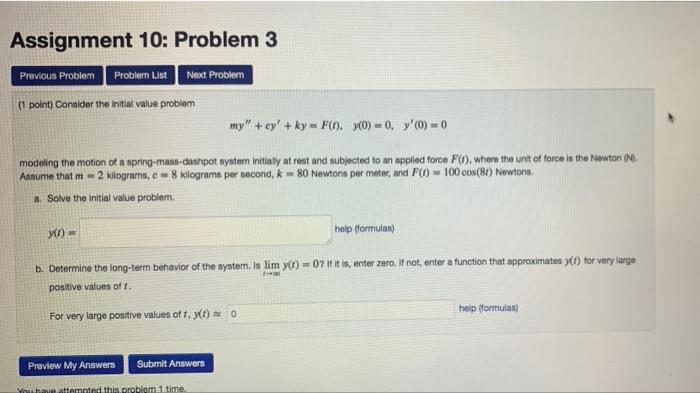 Solved Assignment 10: Problem 3 Previous Problem Problem | Chegg.com