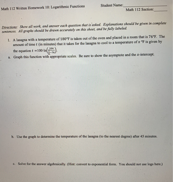 Solved Student Name Math 112 Written Homework 10: | Chegg.com