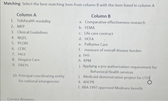 Solved Matching: Select the best matching item from column B | Chegg.com