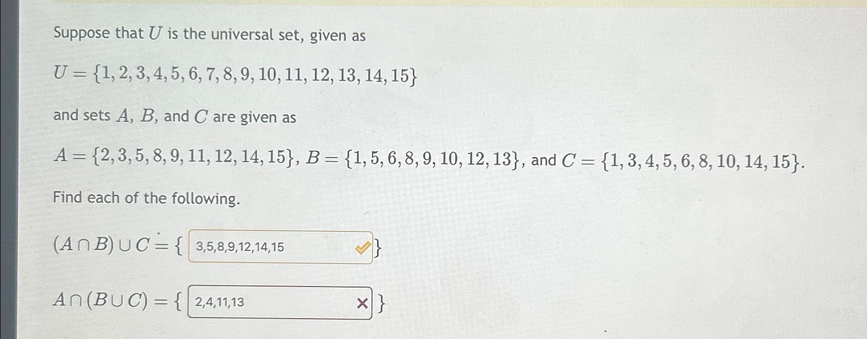 Solved Suppose that U ﻿is the universal set, given | Chegg.com