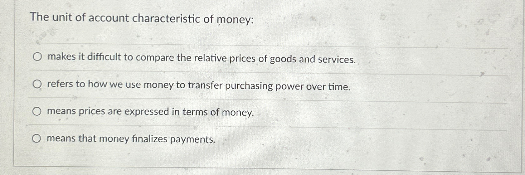Solved The unit of account characteristic of money:makes it | Chegg.com