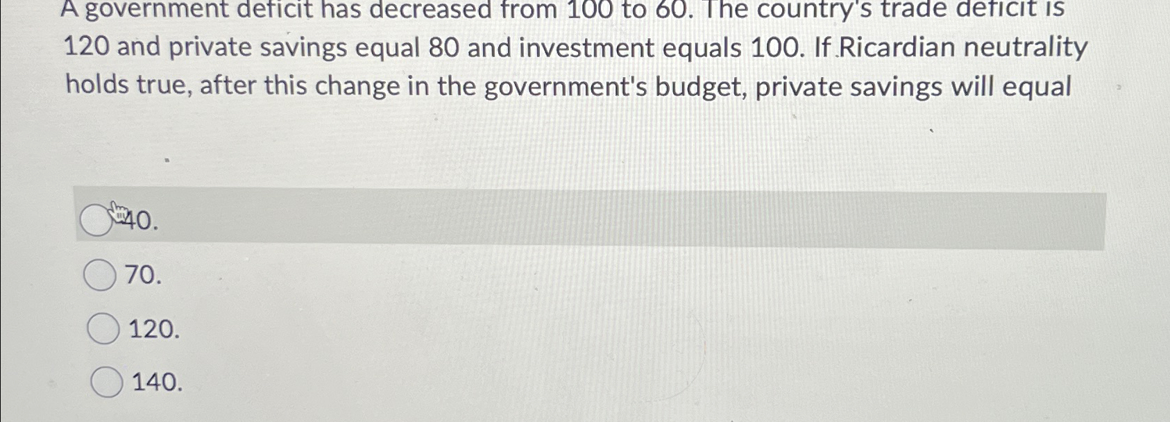 Solved A government deficit has decreased from 100 ﻿to 60 . | Chegg.com