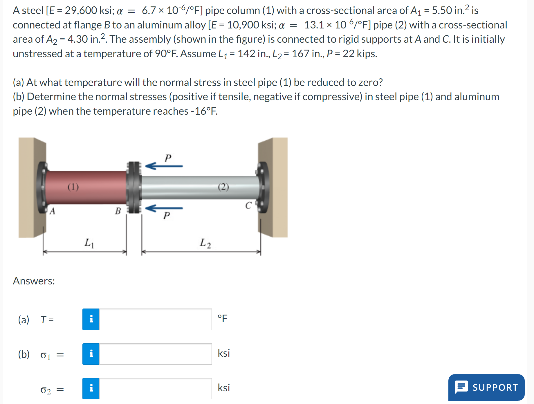 Solved A steel E=29,600ksi;α=6.7×10-6°F ﻿pipe column (1) | Chegg.com