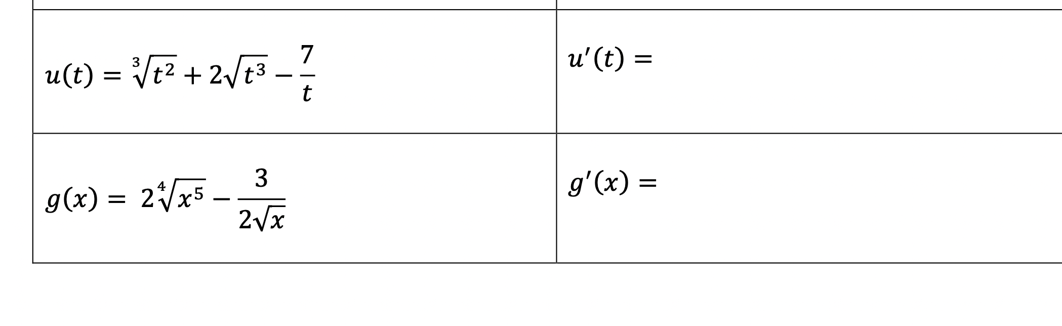 Solved u(t)=t23+2t32-7tu'(t)=g(x)=2x54-32x2g'(x)= | Chegg.com