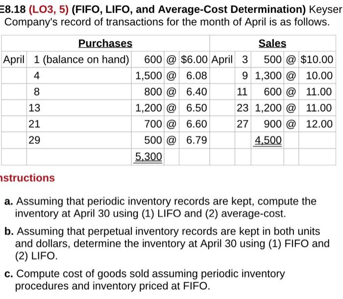 Solved E8.18 (LO3, 5) (FIFO, LIFO, and Average-Cost | Chegg.com
