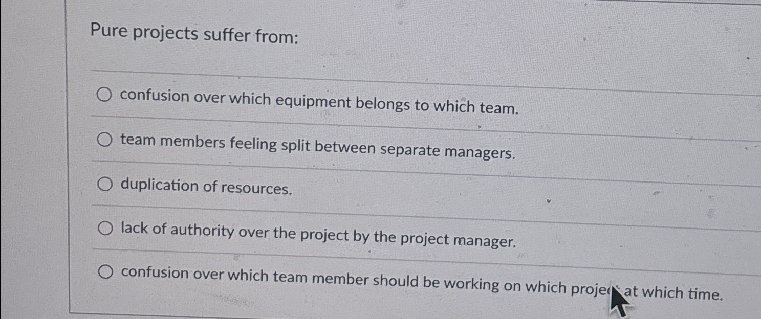 Solved Pure projects suffer from:confusion over which | Chegg.com