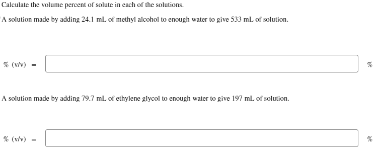 Solved Calculate the volume percent of solute in each of the | Chegg.com
