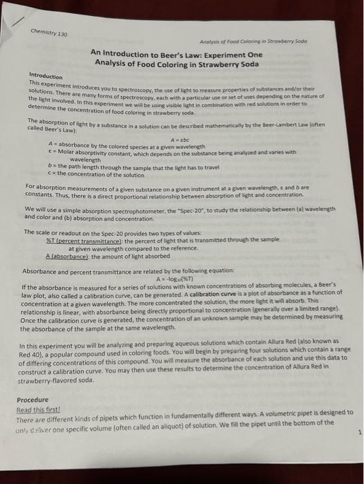 Solved An Introduction to Beer's Law: Experiment One | Chegg.com