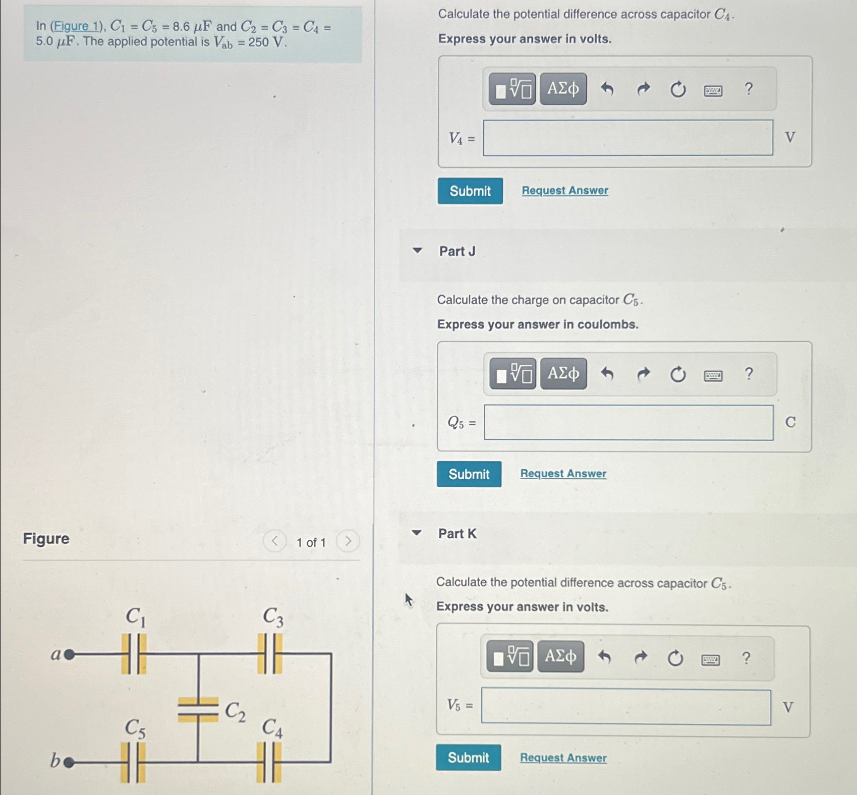 Solved In (Figure 1), C1=C5=8.6μF ﻿and C2=C3=C4= 5.0μF. ﻿The | Chegg.com