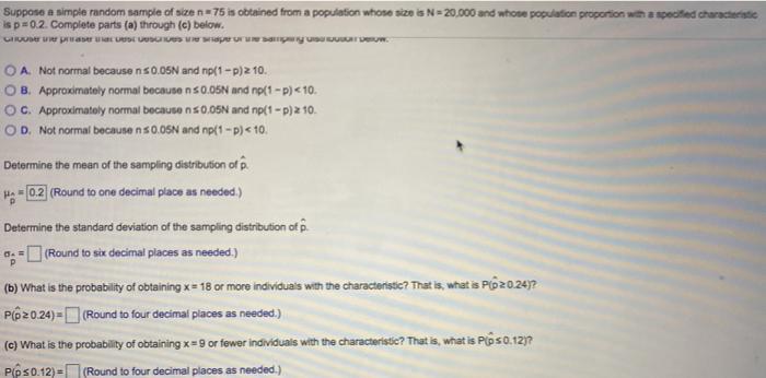 Solved Suppose a simple random sample of size n = 75 is | Chegg.com