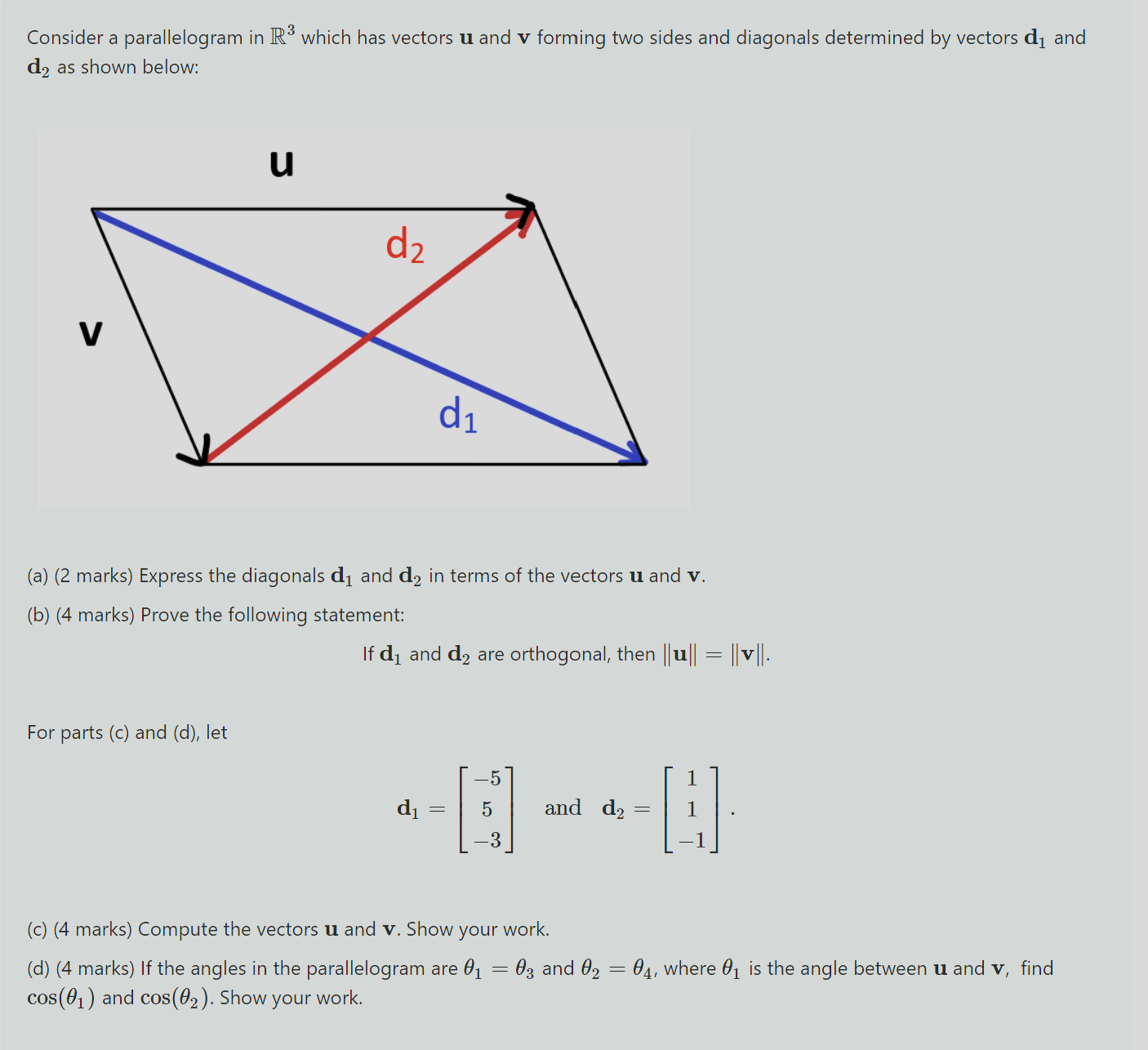Solved Consider a parallelogram in R3 ﻿which has vectors u | Chegg.com
