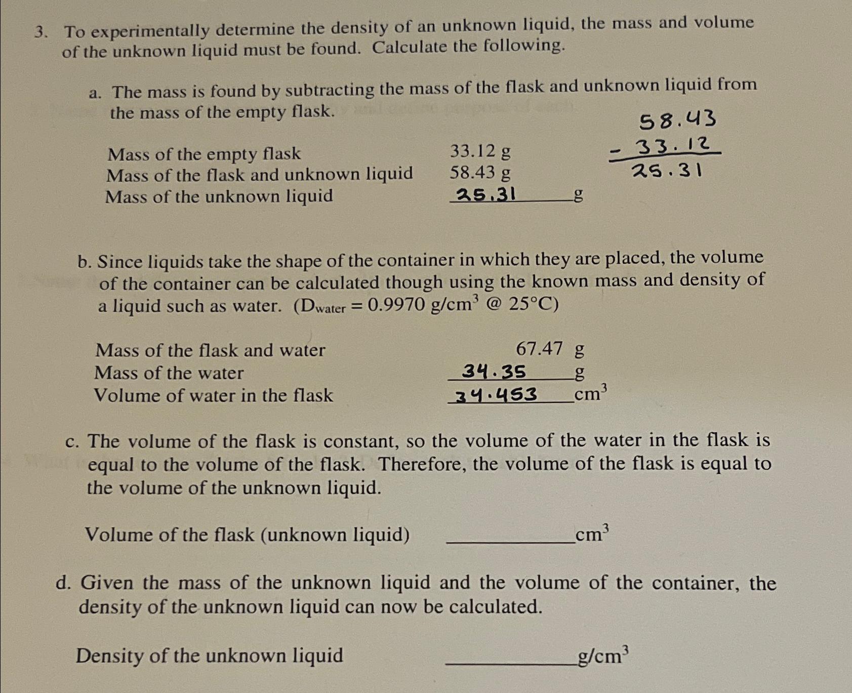 Solved To experimentally determine the density of an unknown | Chegg.com