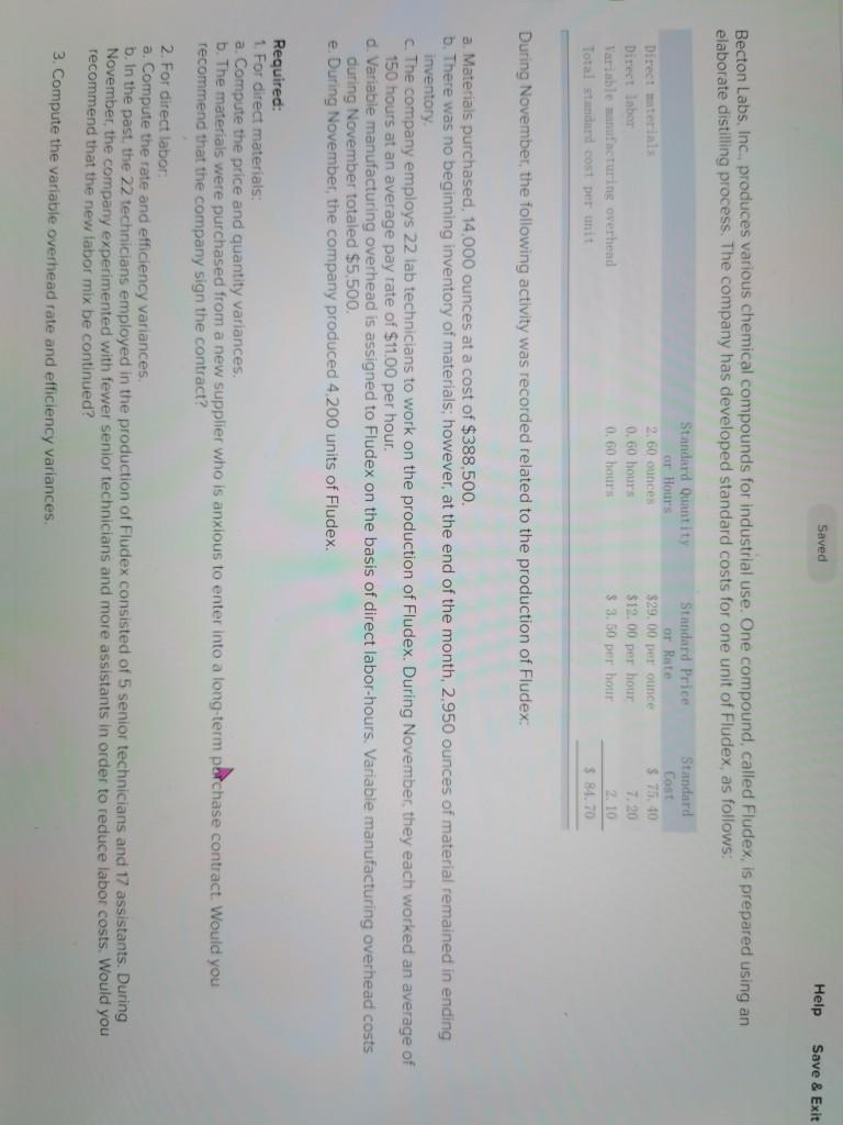 Solved Saved Help Save & Exit Becton Labs, Inc., produces | Chegg.com