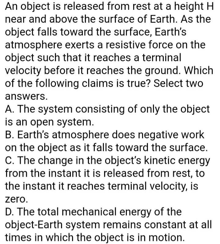 Solved An object is released from rest at a height H near | Chegg.com