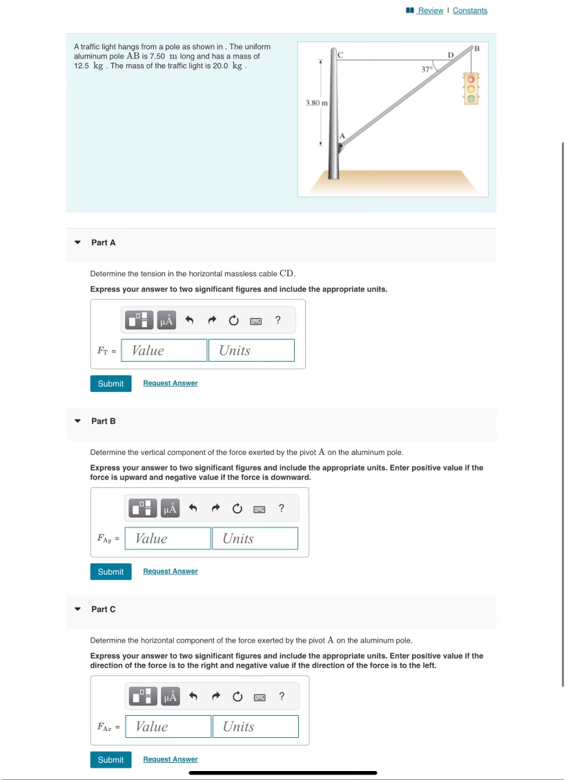 Solved Review I ConstantsA traffic light hangs from a pole | Chegg.com