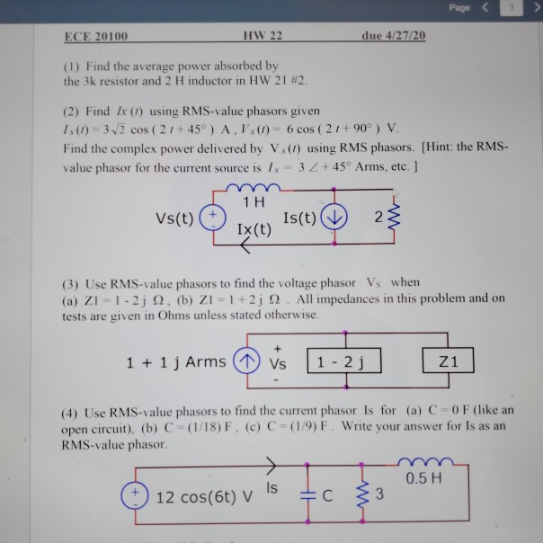 Solved Page ECE 20100 HW 22 due 4/27/20 (1) Find the | Chegg.com
