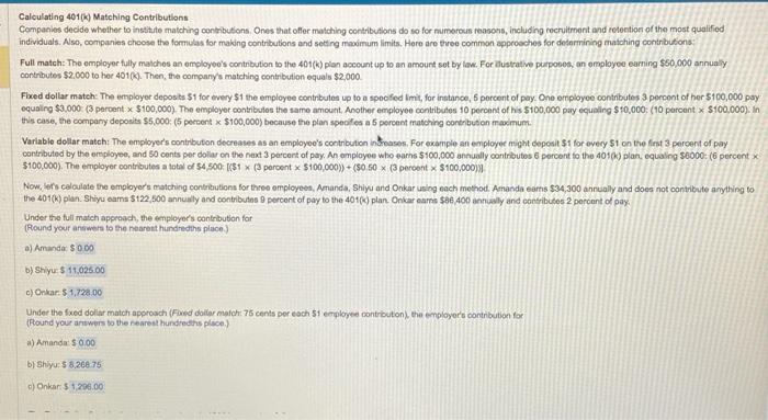 Solved Calculating 401(k) Matching Contributions Companies | Chegg.com