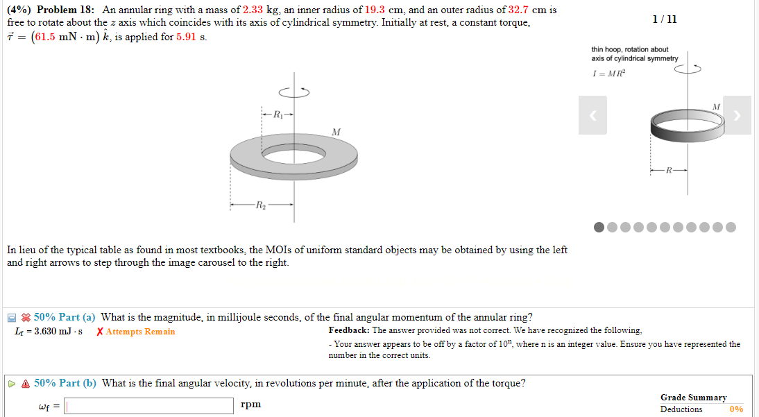 Solved (4%) ﻿Problem 18: An annular ring with a mass of | Chegg.com