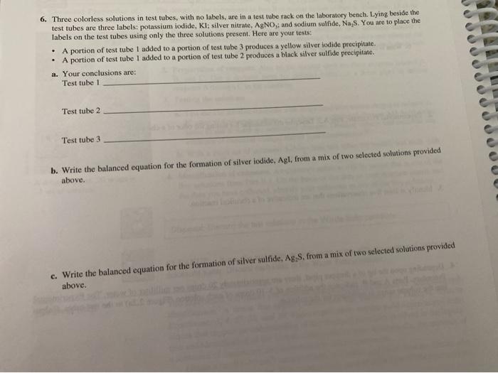 Solved 6. Three colorless solutions in test tubes, with no | Chegg.com