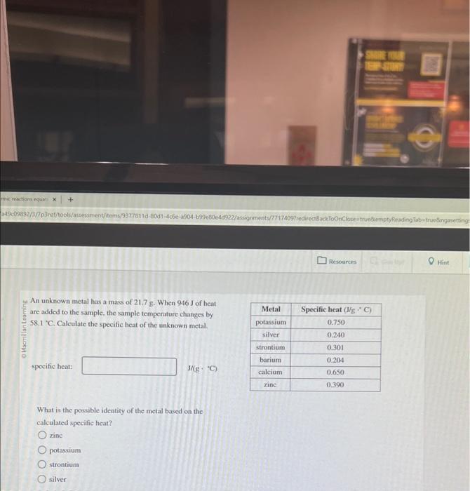 Solved An unknown metal has a mass of 21.7 g. When 946 J of | Chegg.com