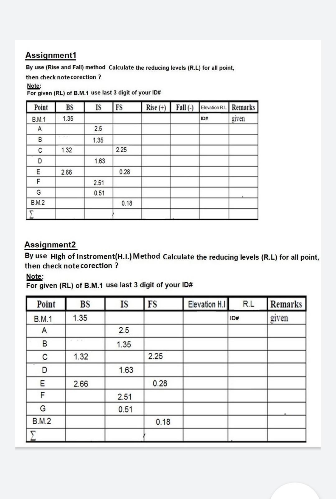 Solved Assignment1 By use (Rise and Fall) method Calculate | Chegg.com