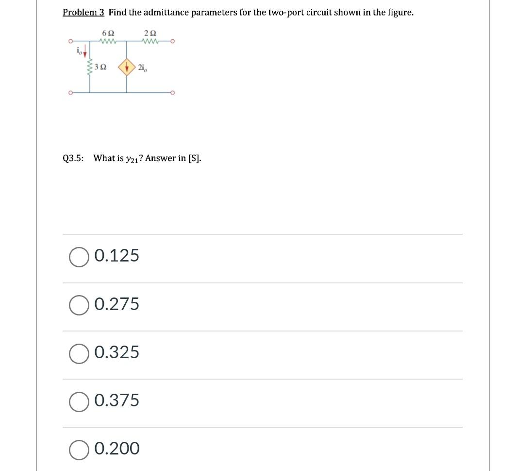 Solved Problem 3 Find the admittance parameters for the | Chegg.com