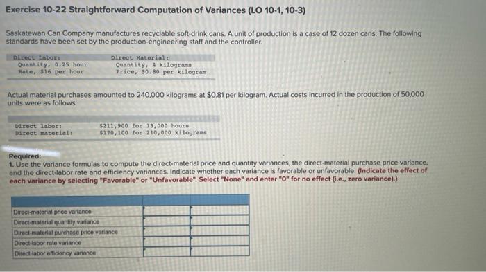 Solved Exercise 10-22 Straightforward Computation of | Chegg.com