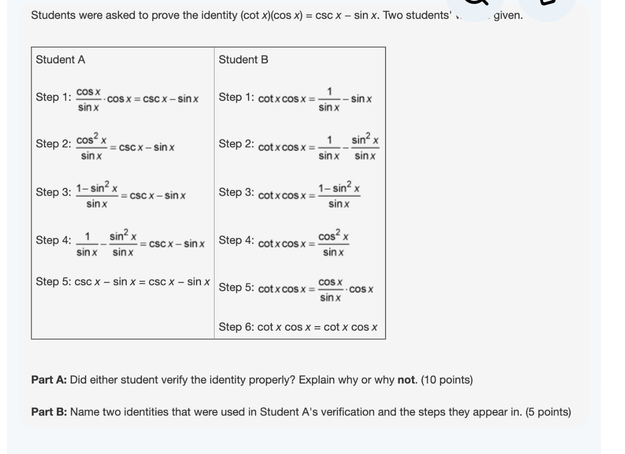 Solved Students were asked to prove the identity | Chegg.com
