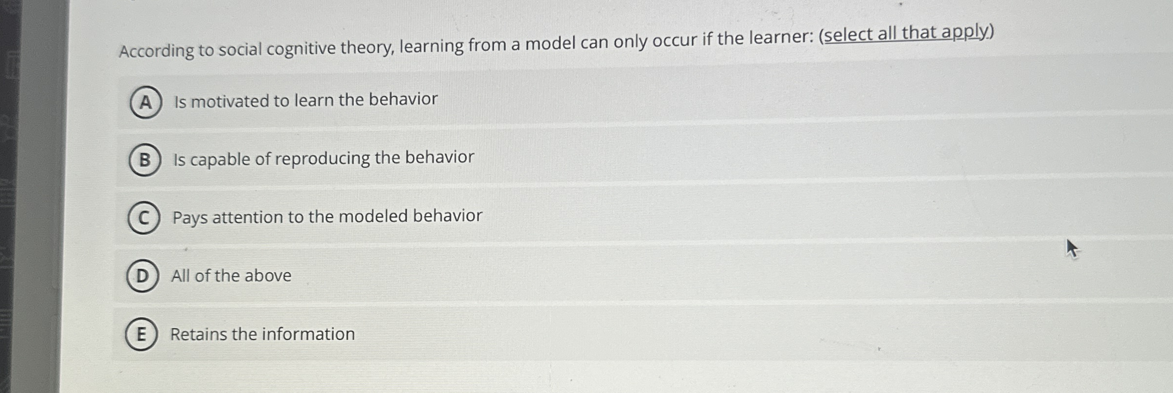 Solved According to social cognitive theory, learning from a | Chegg.com