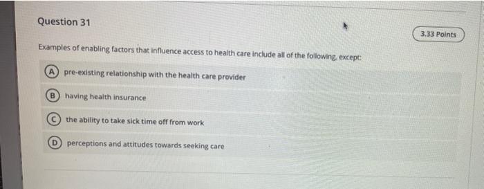 Solved Question 31 3.33 Points Examples of enabling factors | Chegg.com