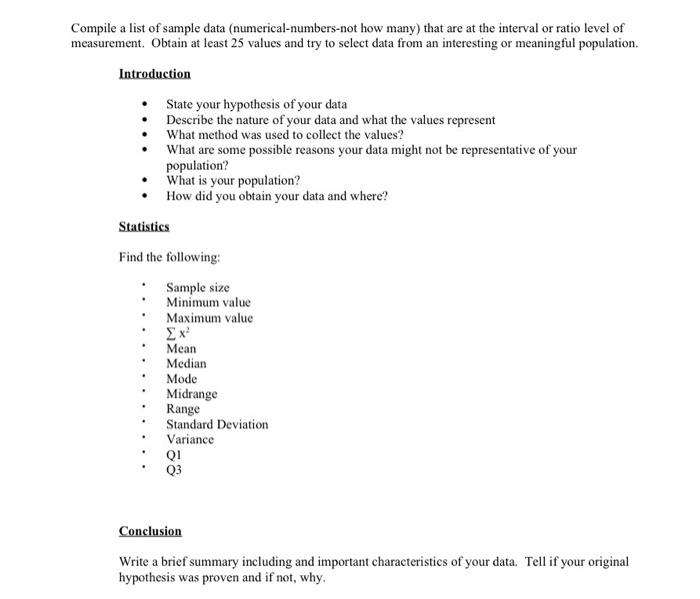 Solved Compile a list of sample data (numerical-numbers-not | Chegg.com
