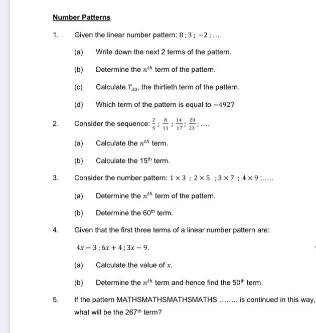 Solved Number Patterns 1. Given the linear number pattern: | Chegg.com