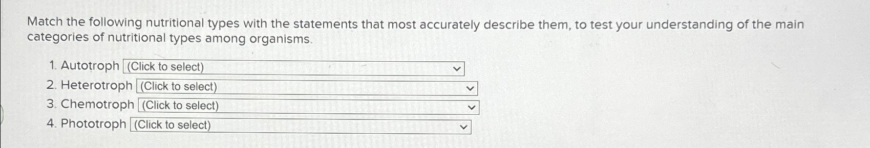 Solved Match the following nutritional types with the | Chegg.com Solved Match the following nutritional types with the | Chegg.com