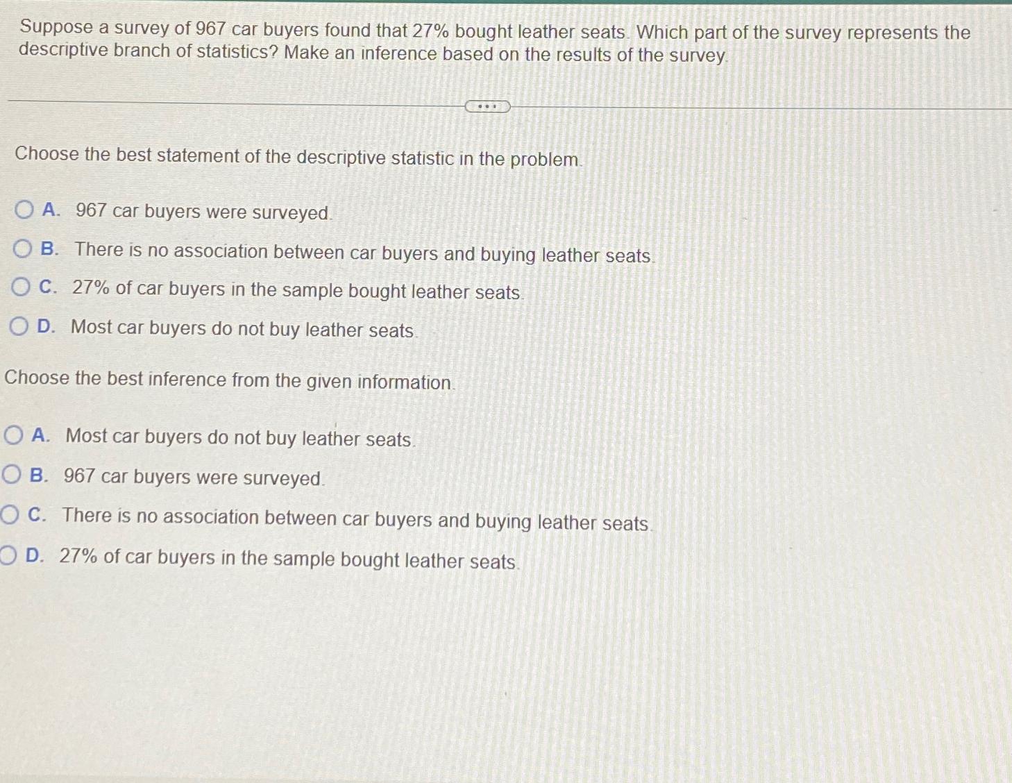 Solved Suppose a survey of 967 car buyers found that 27% | Chegg.com