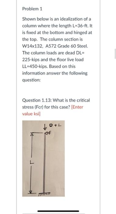 Solved Problem 1 Shown below is an idealization of a column | Chegg.com