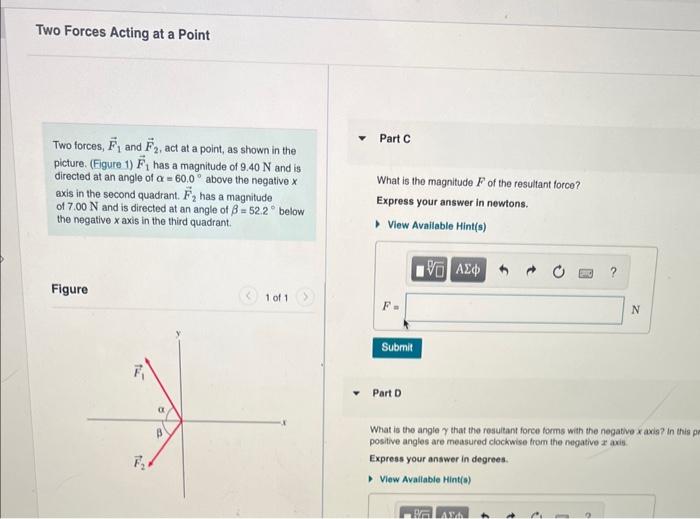 Solved Two Forces Acting at a Point Two forces, F1 and F2, | Chegg.com