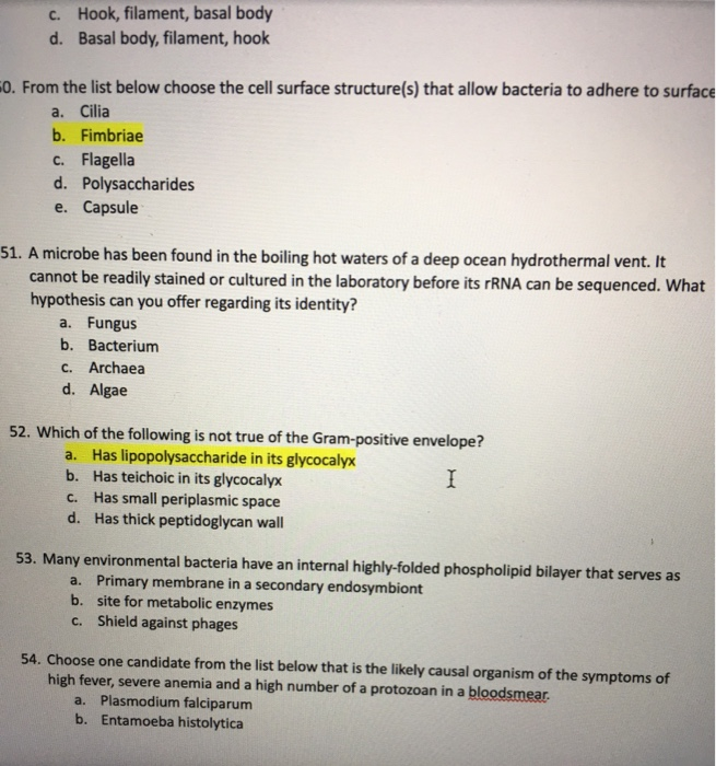 Solved C. Hook, filament, basal body d. Basal body, | Chegg.com