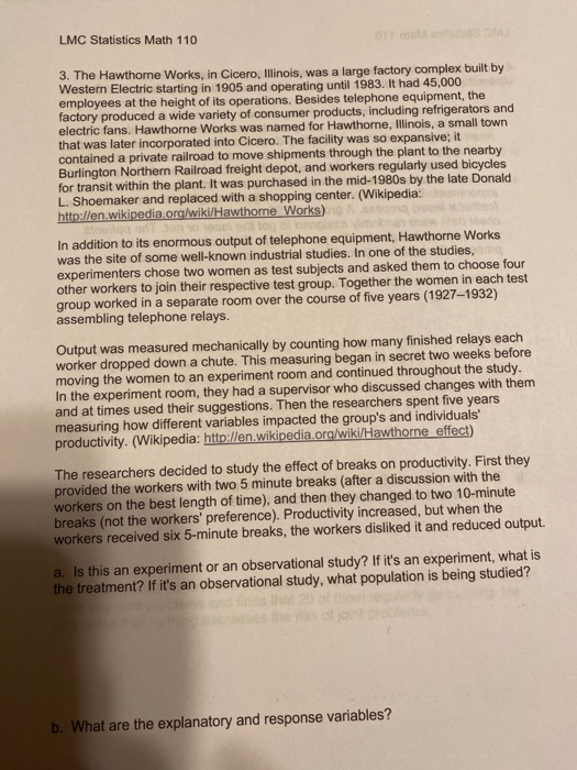 Solved LMC Statistics Math 110 3. The Hawthorne Works, in | Chegg.com