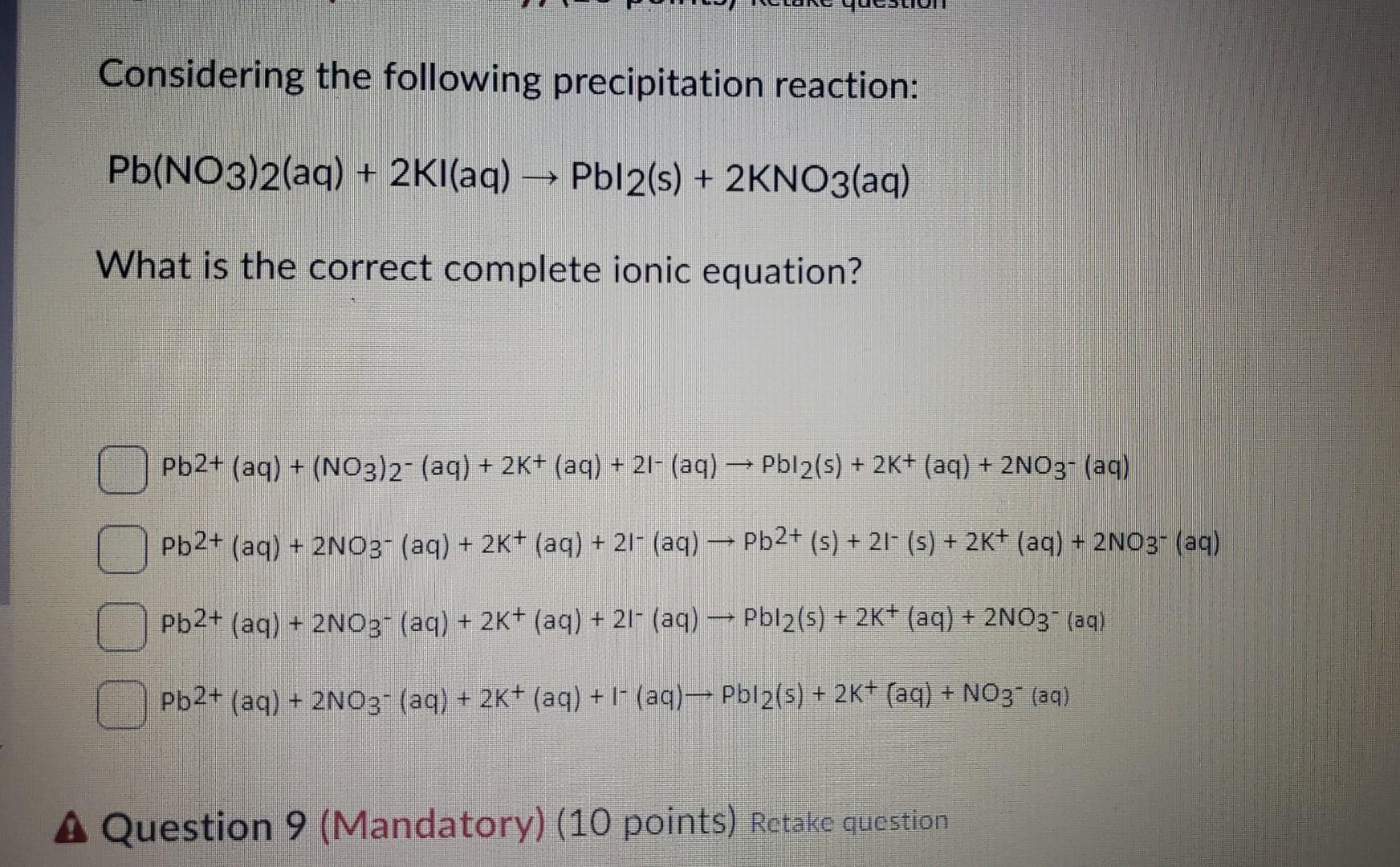 Solved Considering the following precipitation reaction: | Chegg.com