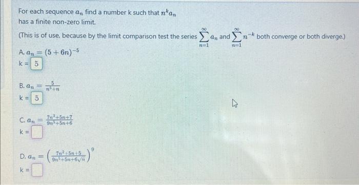 Solved For each sequence an find a number k such that nkan | Chegg.com