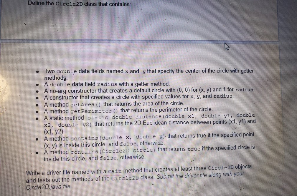 Solved Define The Circle2d Class That Contains 0 Two Double